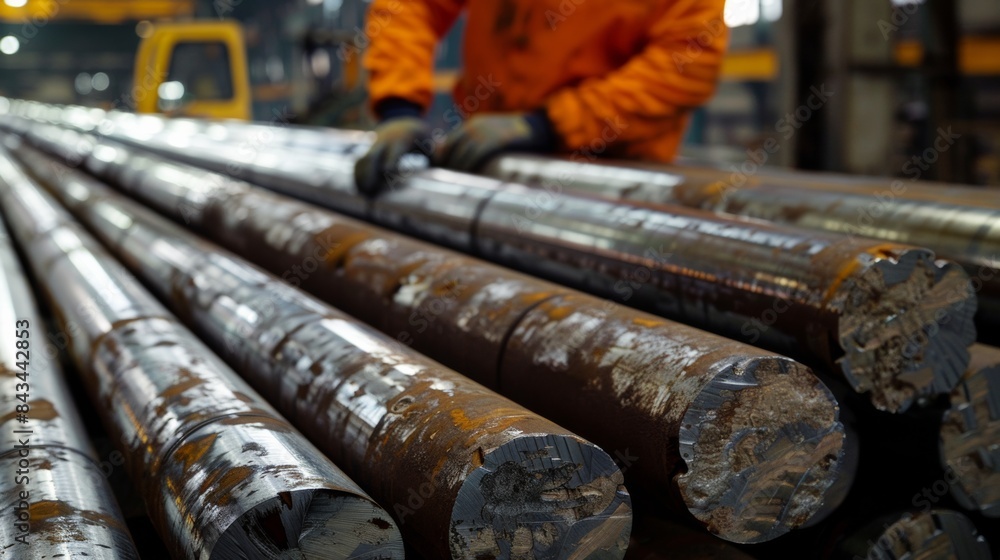 The image shows a worker handling large metal bars in an industrial ...
