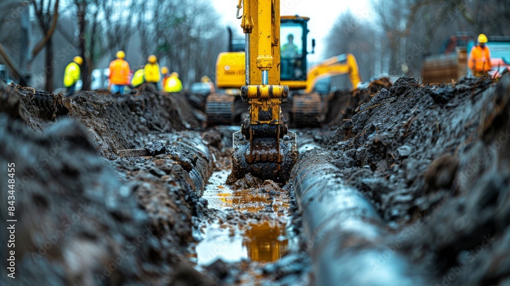 Excavator digs a deep trench in a construction zone. along with piles ...