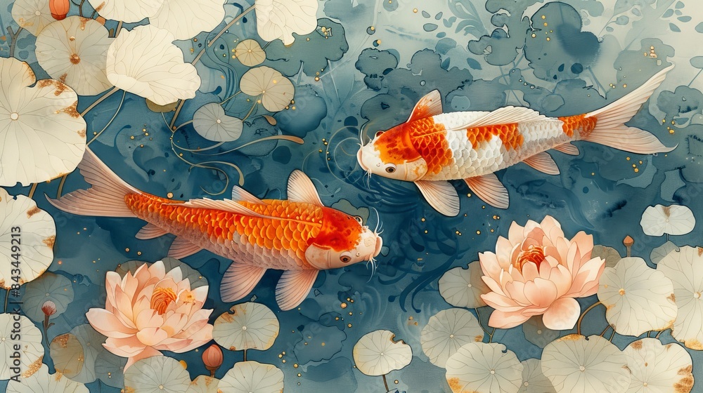 A modern element of gold fish decoration. Handdrawn wave pattern on ...