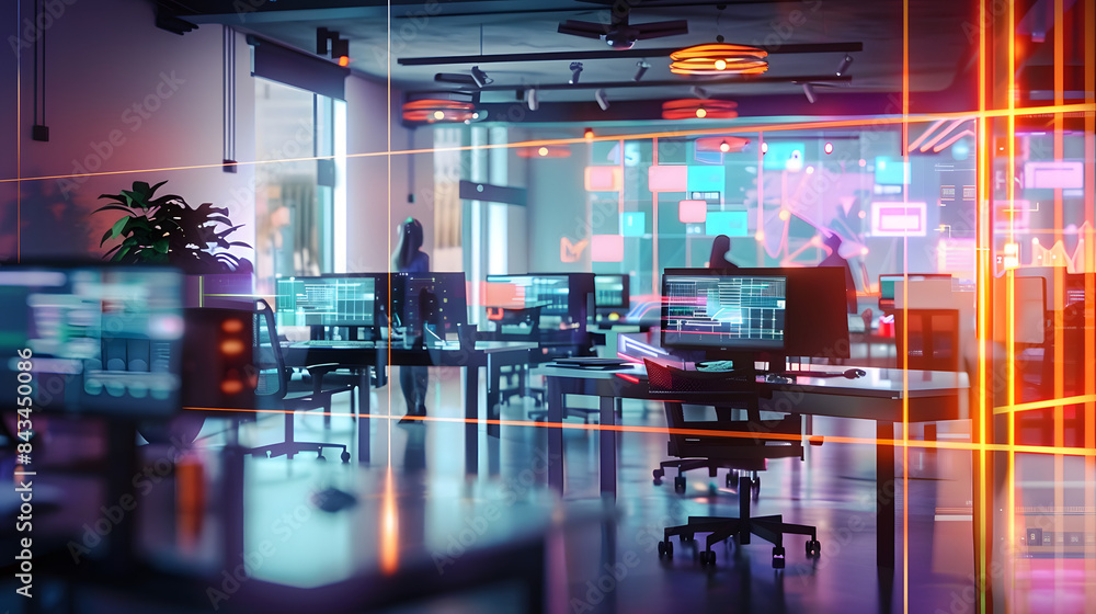 Modern neon cyberpunk open space office interior blurred with ...