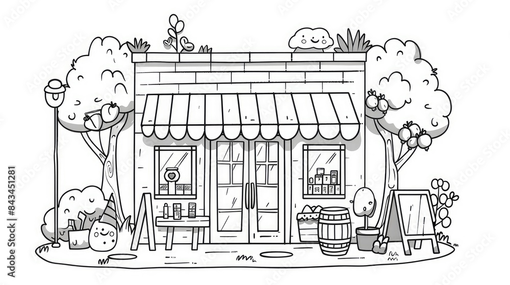 Line drawing of a charming storefront quaint store with detailed ...