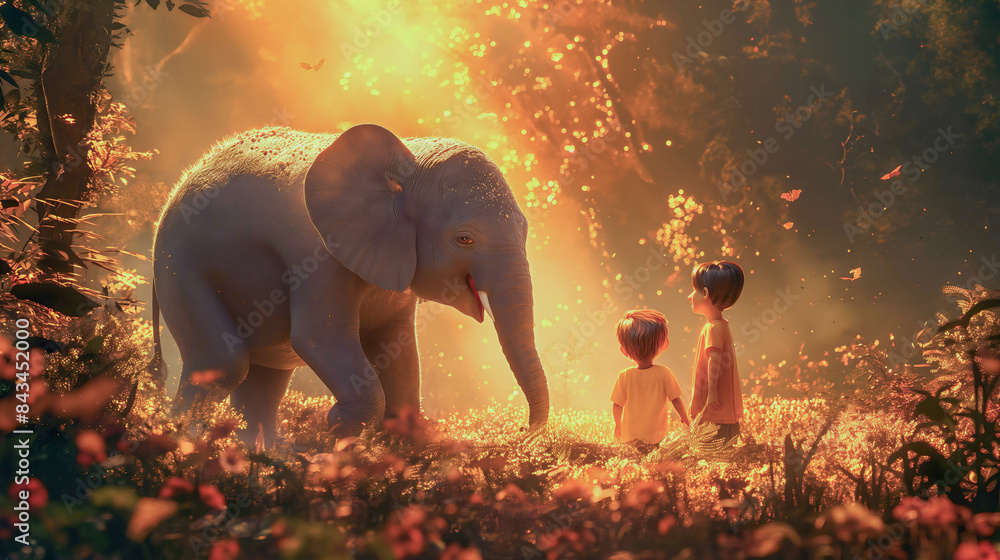 Animated scene, the kids and the baby elephant demonstrating acts of ...