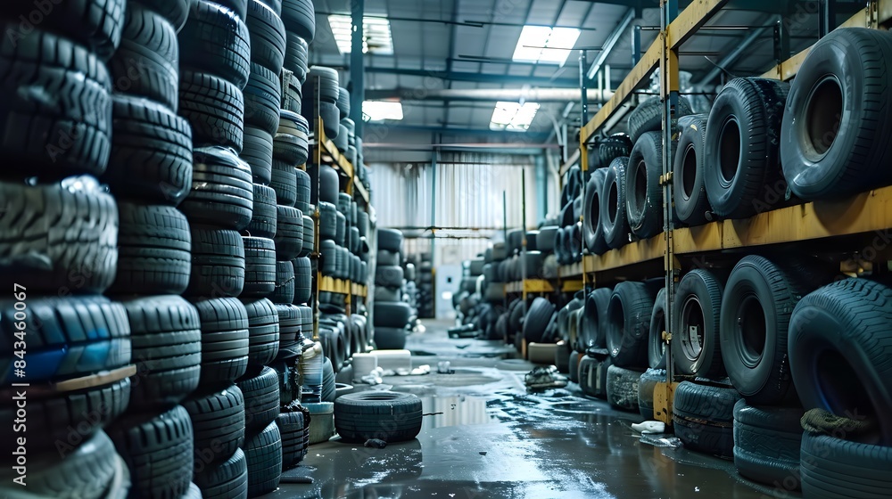 Piles of car tires in factory storage area. Concept Industrial Waste ...