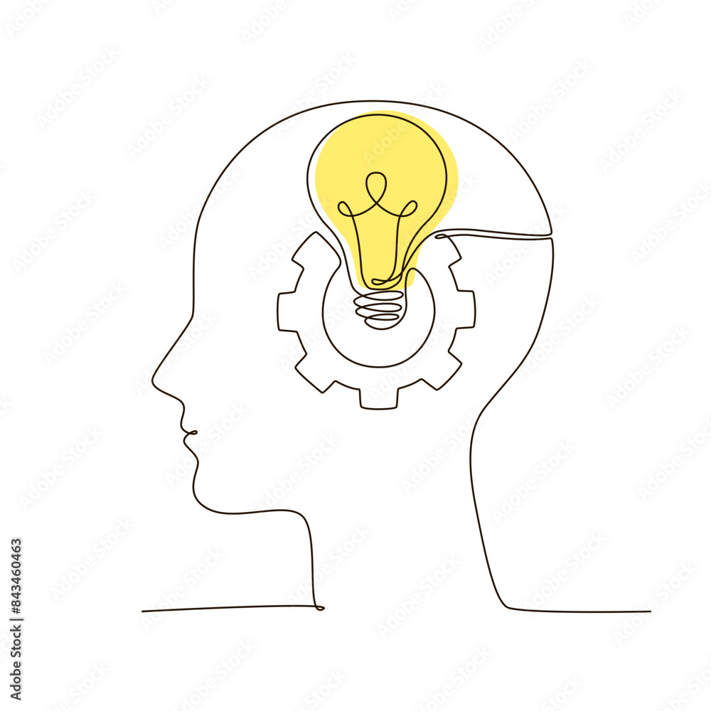Continuous one line head with bulb, gear symbol drawing. Thinking ideas ...