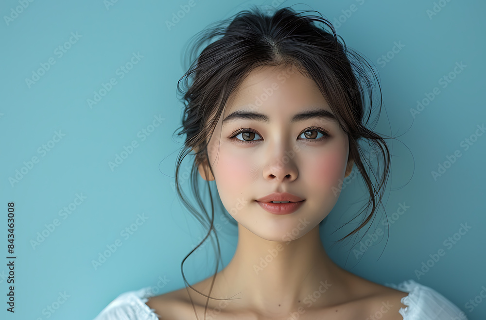beautiful Japanese woman smooth skin smiling touching her face against ...
