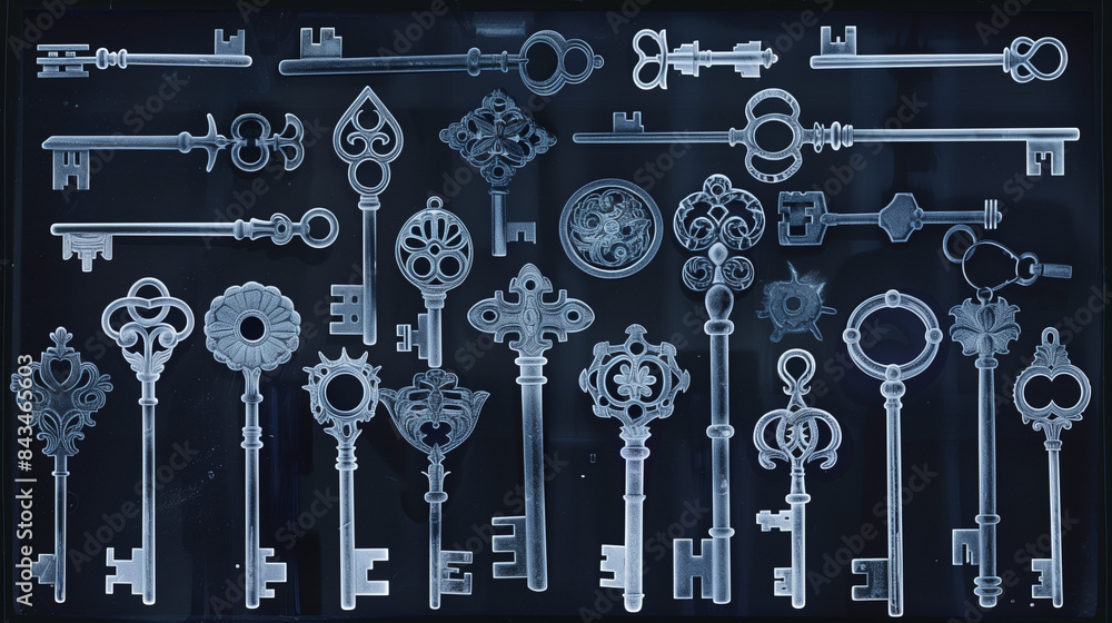 X-ray scan of a collection of antique keys, showcasing the intricate ...