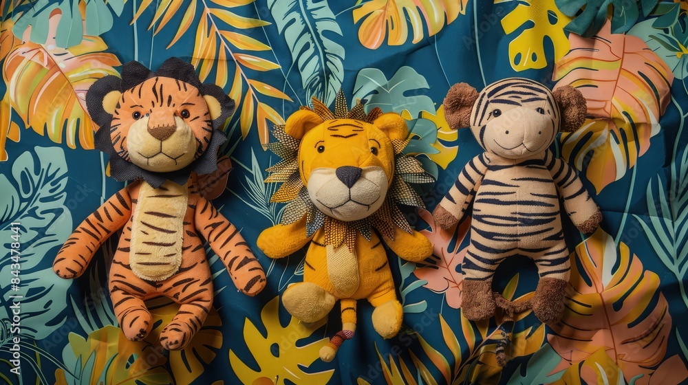 Handmade stuffed jungle animals like a lion, tiger, and monkey, each ...