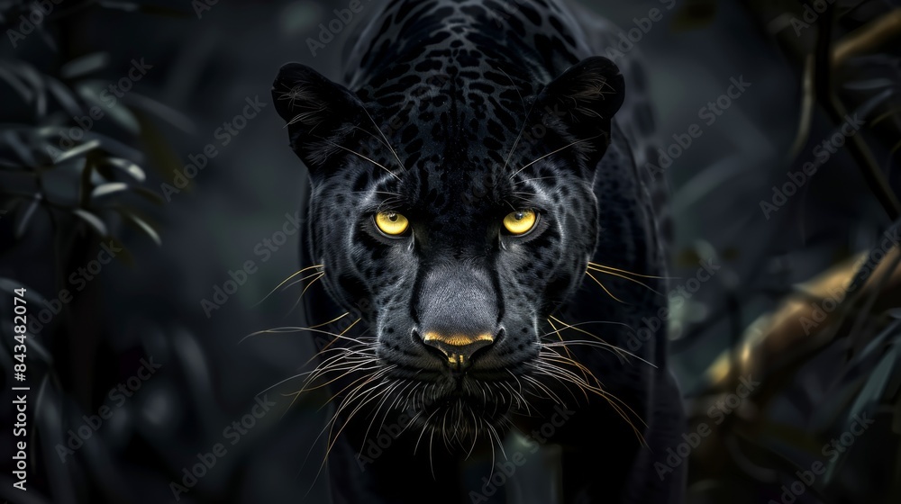 Frontal view of a black panther with intense yellow eyes against a dark ...