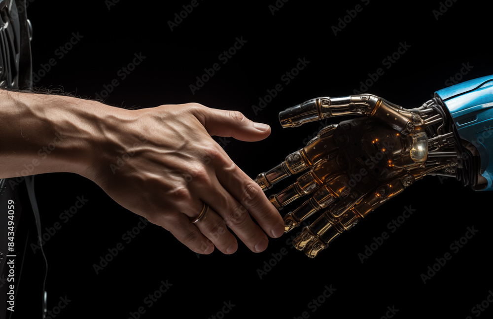 Convergence of humanity and technology, an android's hand and a human ...