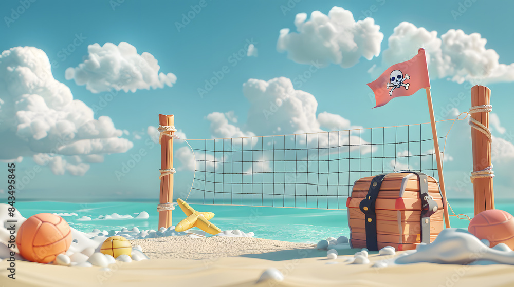 3D cartoon beach with a volleyball net. A treasure chest and a pirate ...