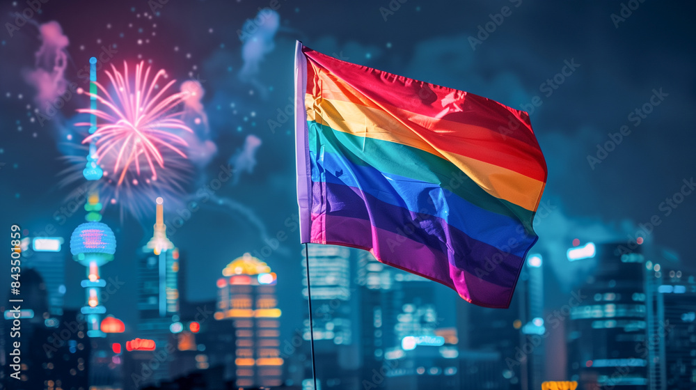 Rainbow flag with firework on modern city background at night, symbol ...