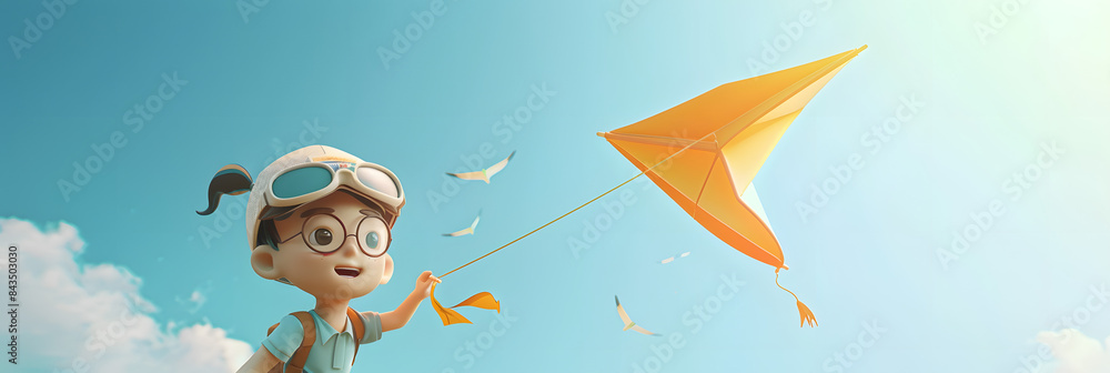3D character boy with a baseball cap and goggles flying a kite ...