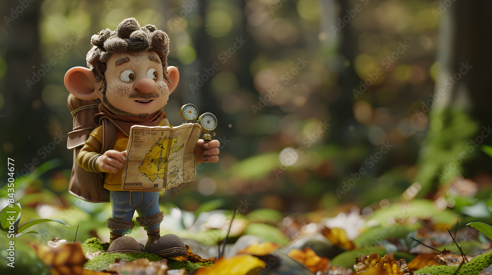 3D character explorer with a map and compass on a brown forest ...