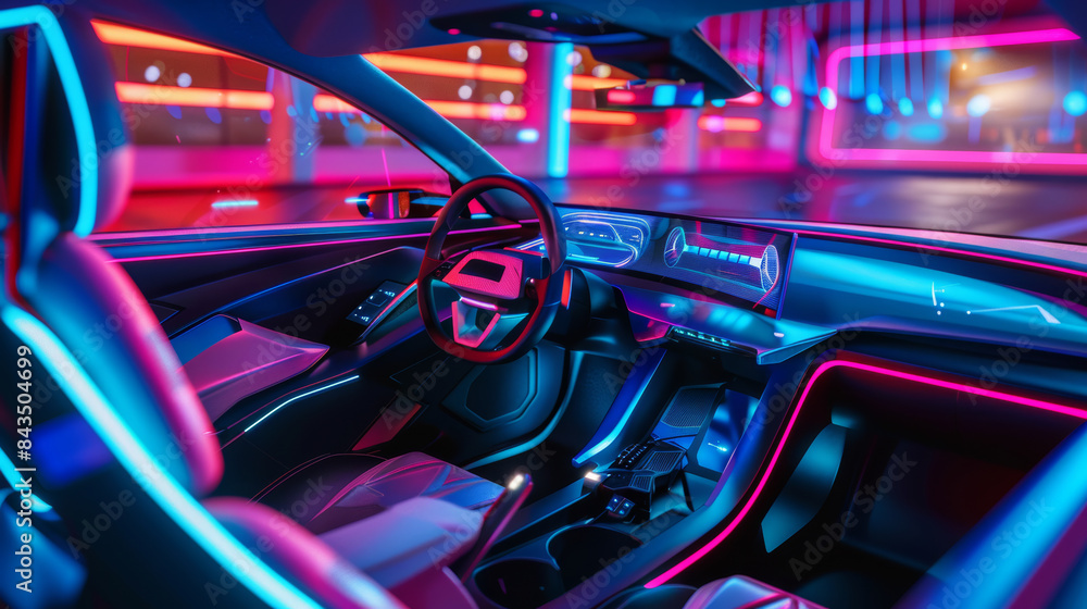 Inside a neon-lit, high-tech car, the dashboard and steering wheel glow ...