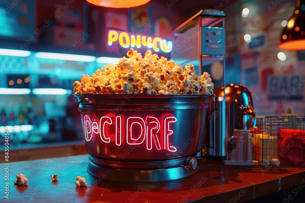 A popcorn maker inspired by vintage diner signage, with neon lights and ...