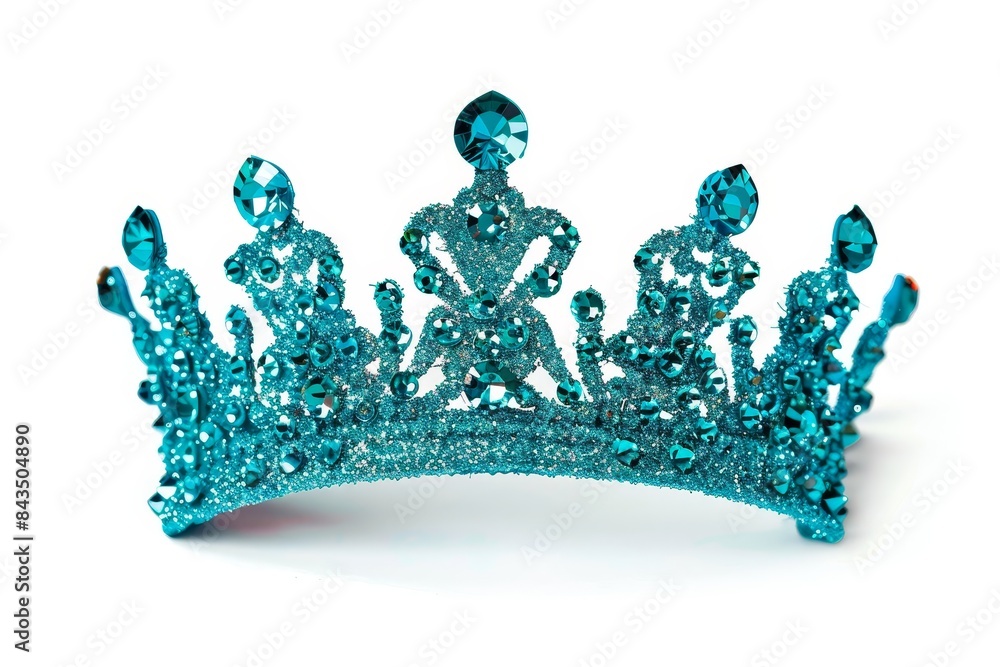 Sparkling teal crown on a white background - A teal crown adorned with jewels displays intricacy ...