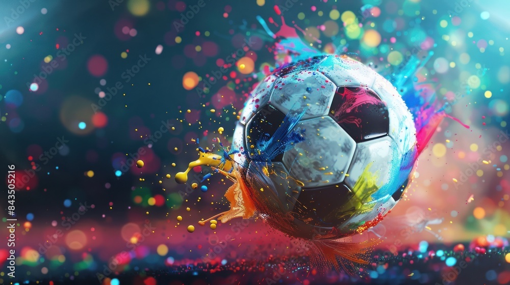 Colorful soccer ball with dynamic paint splashes and vibrant bokeh ...