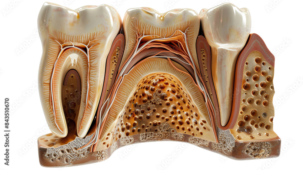 Cross-section of human teeth showing internal anatomy, including nerves ...