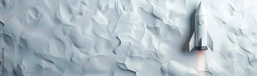 Wide paper rocket art with textured wall - Wide-angle featuring a paper ...