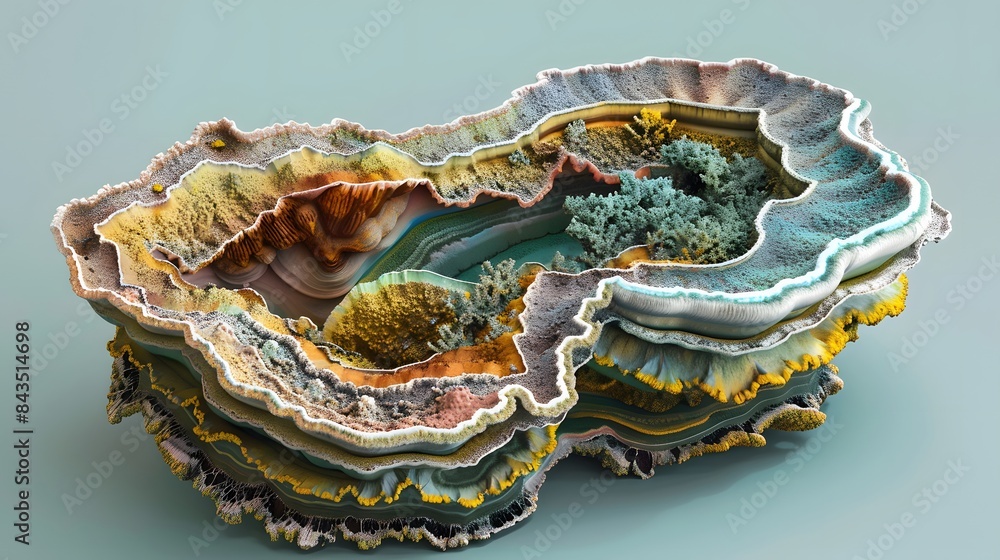 A 3D render of a lichen cross-section, illustrating the different ...