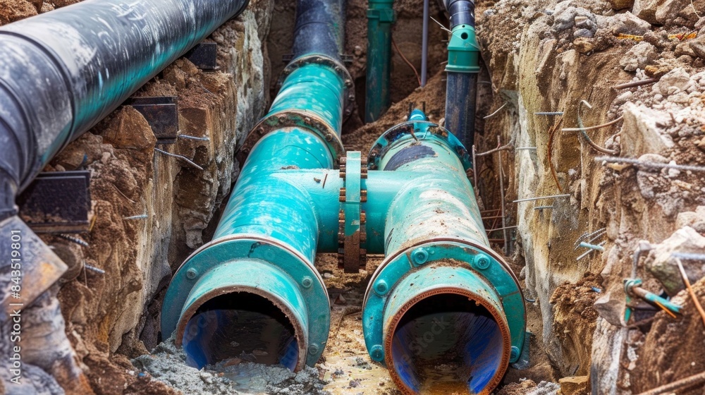 Water drainage blue pipe in wet area. Land reclamation systems and the ...