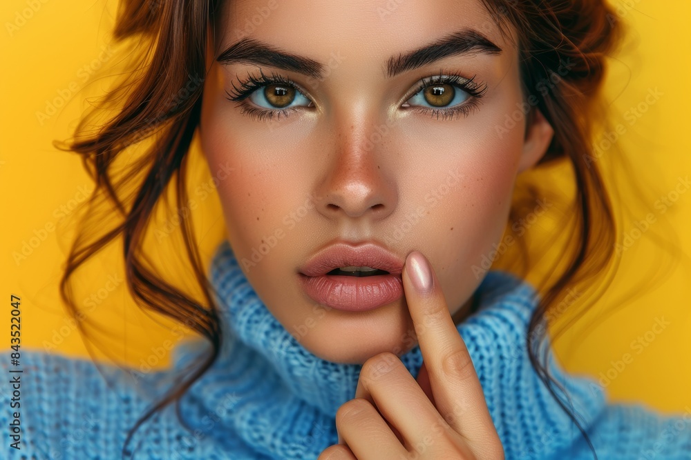 Secret, studio portrait, woman with finger on lips, yellow background ...
