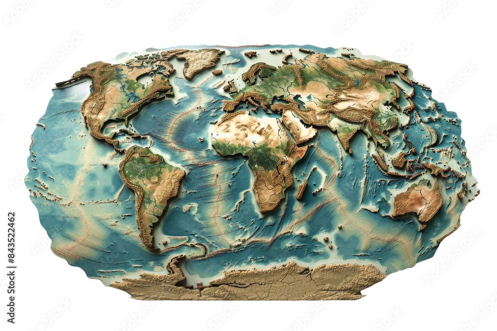 Three-dimensional topographic world map showcasing detailed land and ...