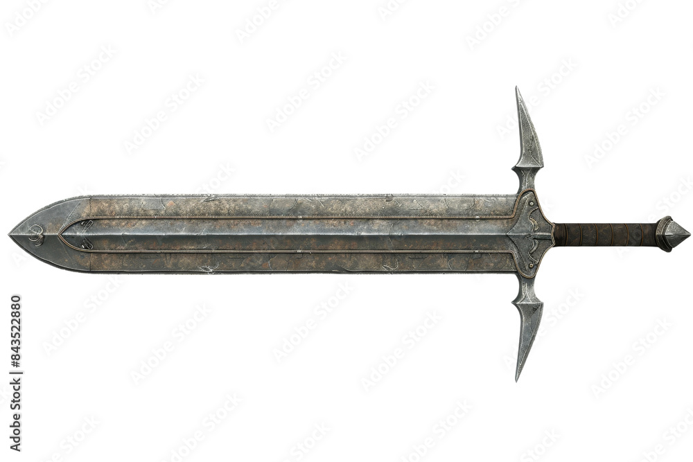 Medieval fantasy sword with intricate detailing and aged appearance ...