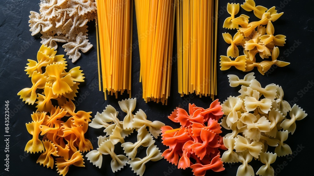 Multi-colored pasta (eg spaghetti, farfalle, penne) on a black ...