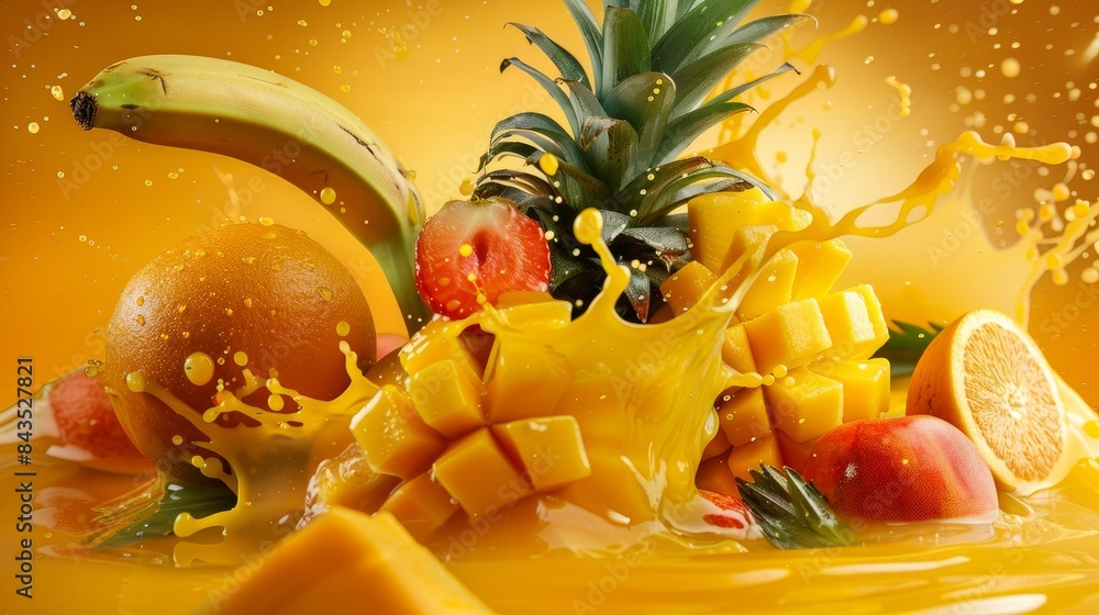 Fruit burst with juice splashes featuring tropical fruits like orange ...