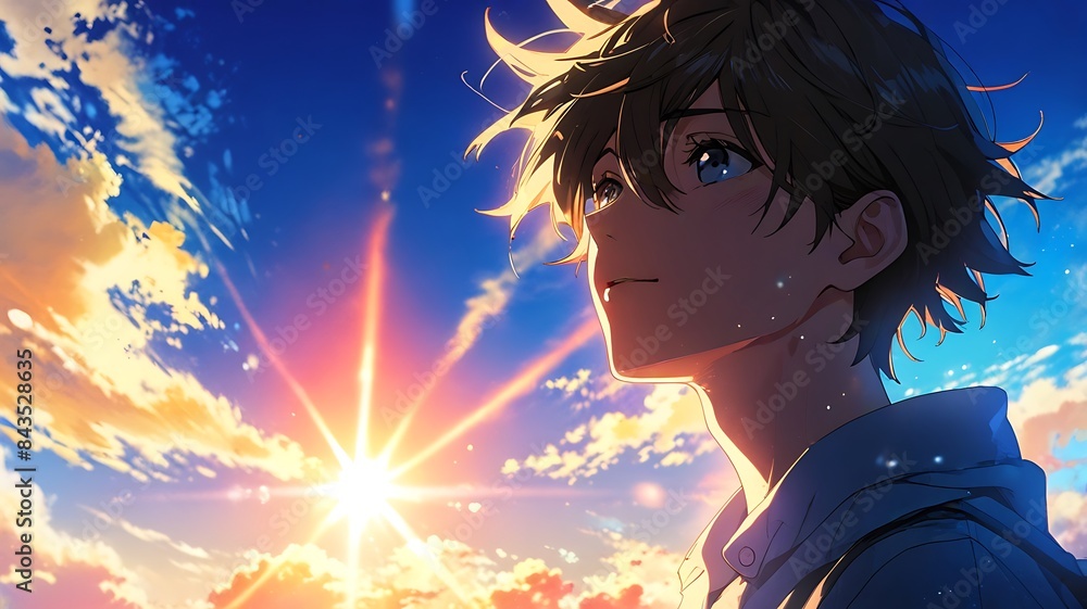 Handsome anime boy with beautiful view of clear sky in background ...