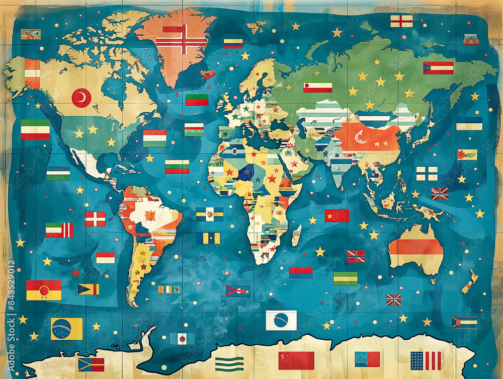 A Colorful World Map With Flags From Many Countries The Map Is A Large Piece Of Art That Shows