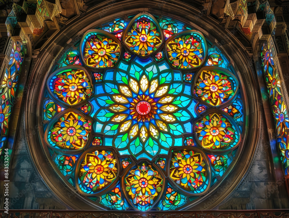 Detailed stained glass window radiating with vibrant colors and ...
