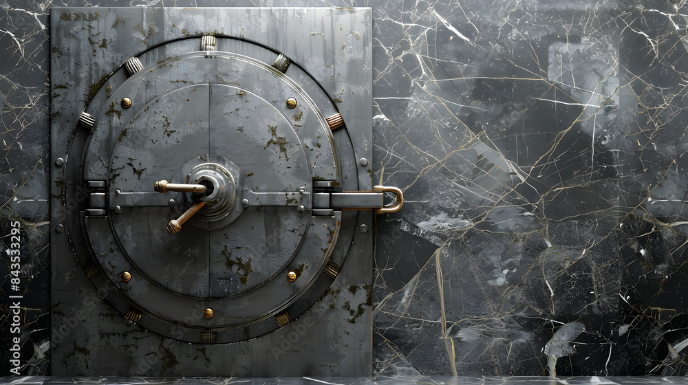 3D illustration of a closed bank vault door with a lock against a grey ...