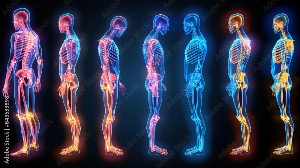 Side view of 3D human skeletons illuminated with vibrant colored lights ...