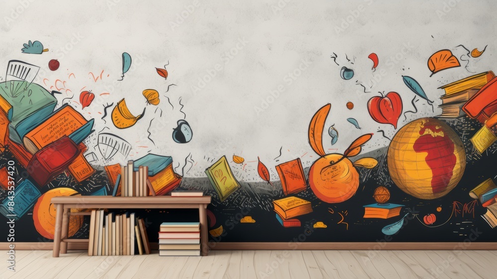 Imaginative classroom wall with doodles and education icons - A ...