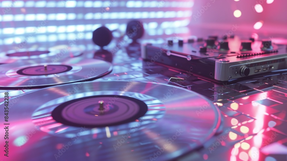 Rendering of vintage vinyl records and cassettes of 80s music scattered ...