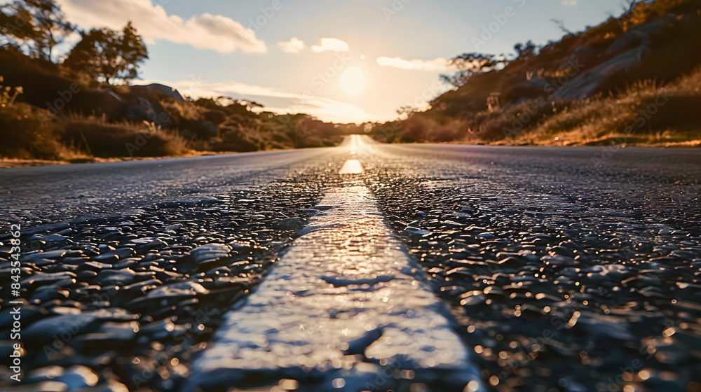 An asphalt road stretches into the distance with a painted white arrow ...