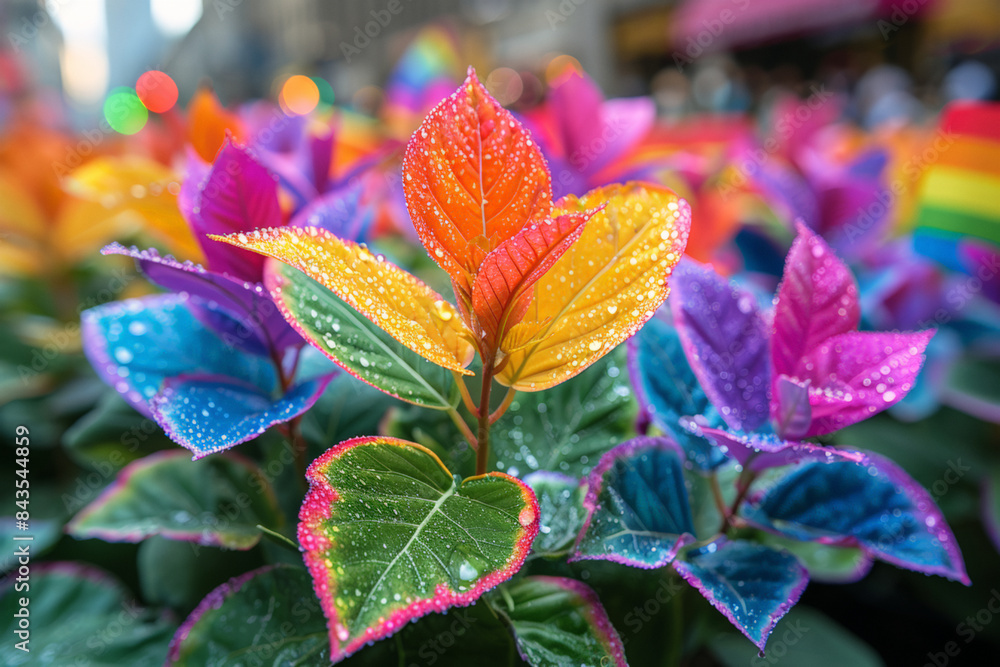 Colorful leaves with rainbow hues covered in raindrops, display at a ...