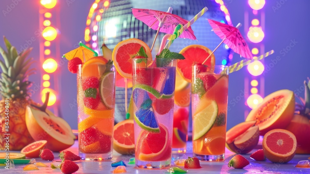 Visualization of 80s-style cocktails, decorated with colorful fruits ...