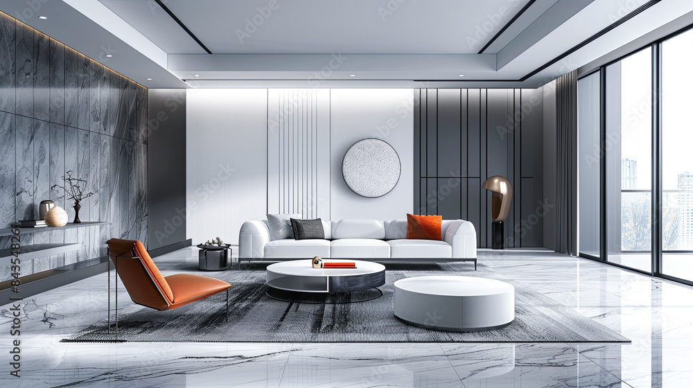 Interior of modern living room with white and gray walls, concrete ...