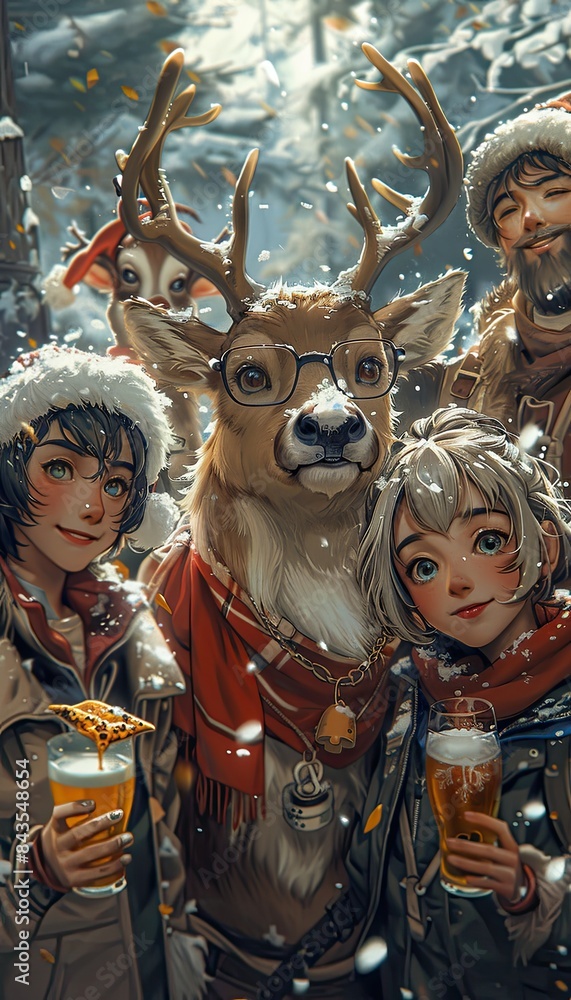 reindeer with humans in lapland drinking a beer and eating pizza ...