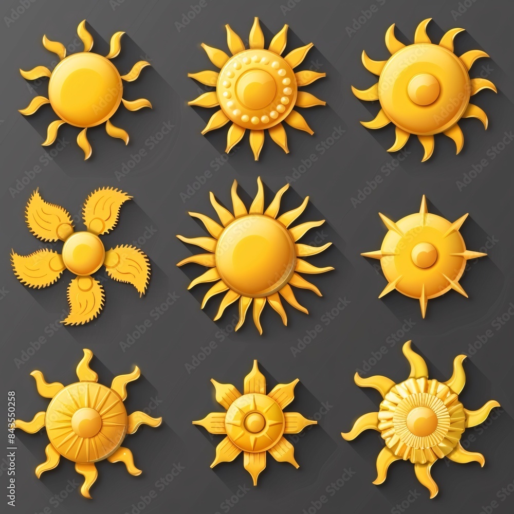 Bright 3D Sun Icons with Yellow Rays for Weather and Temperature ...