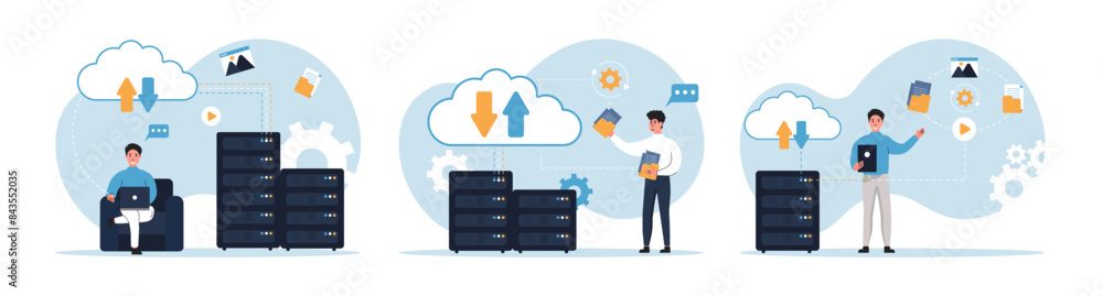 Cloud computing isolated set. Secure connection, storage and cloud technology.Data transfer ...