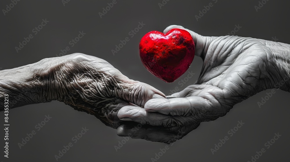 Black and white of one hand handing over a red heart-shaped object is ...