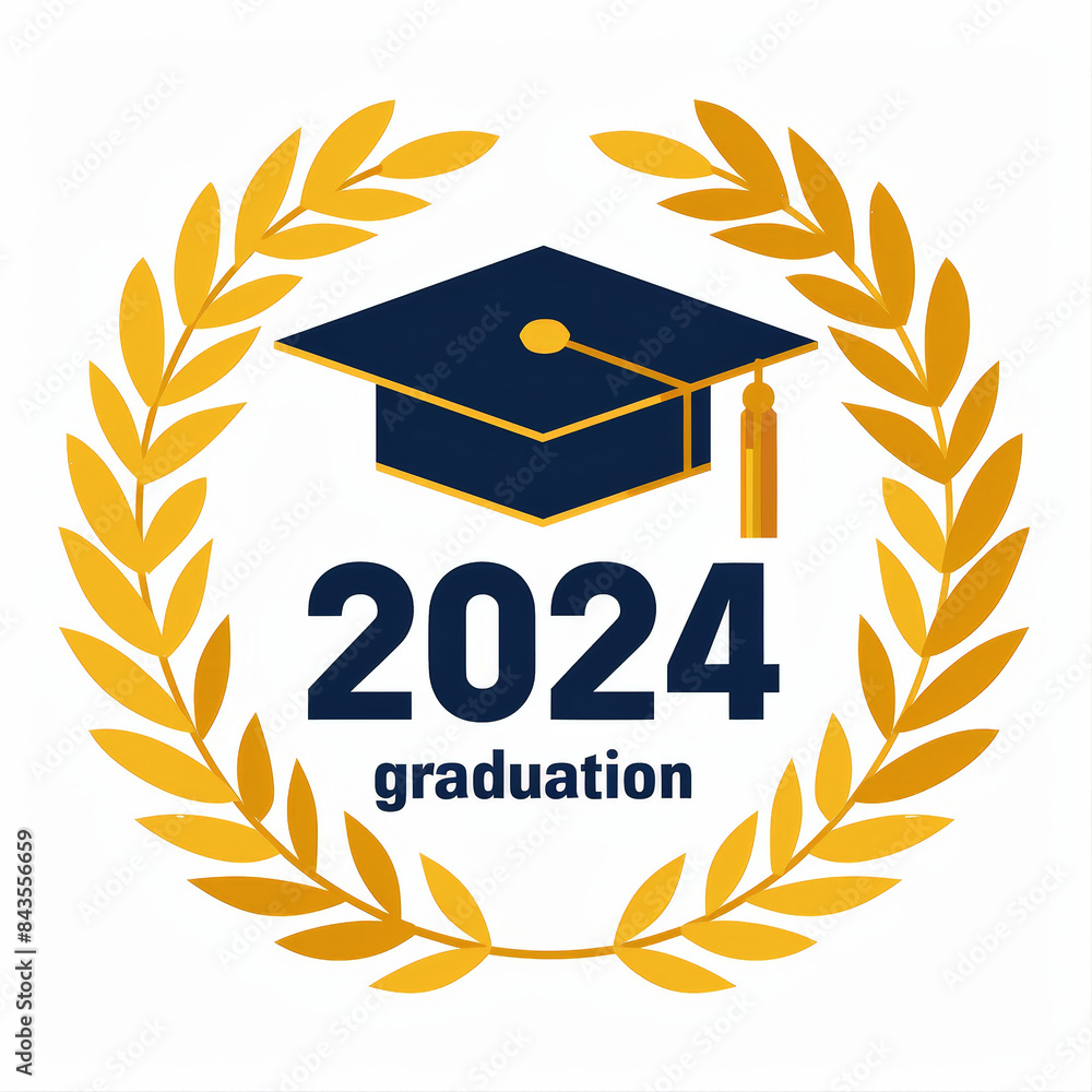Class of 2024 emblem, graduation cap with laurel wreath in gold color ...