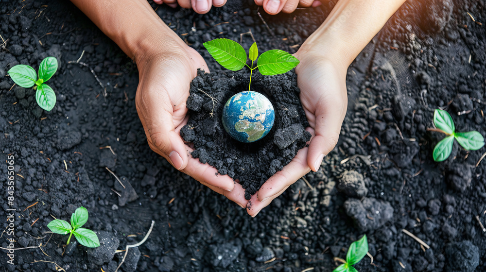Human hands holding Earth planet and plant on soil background, Save the ...