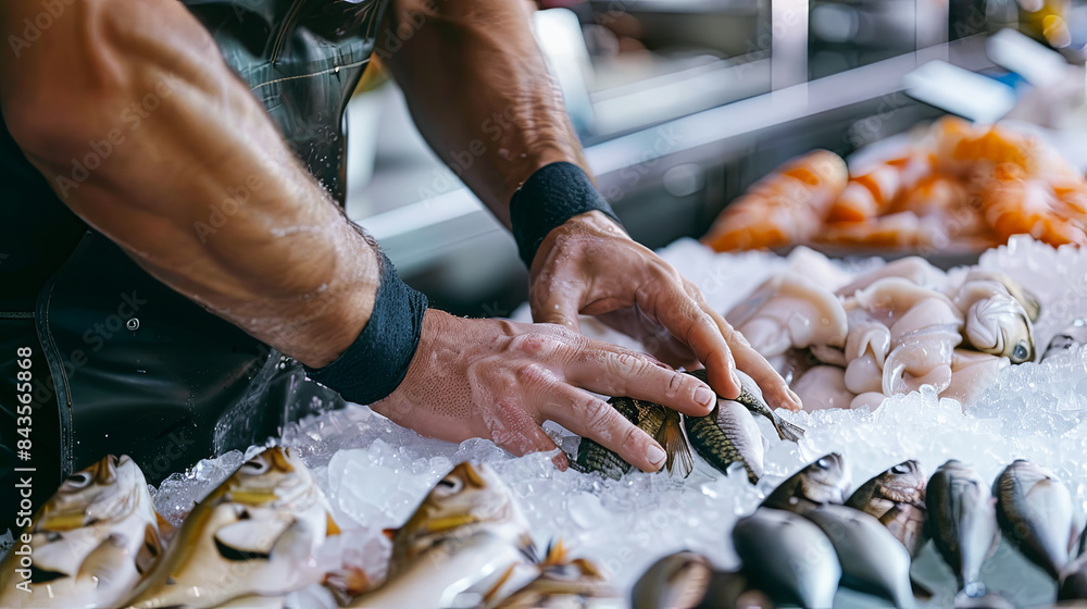 Fishmonger Arranging Fresh Fish On Ice For Sale At Market Stall With ...