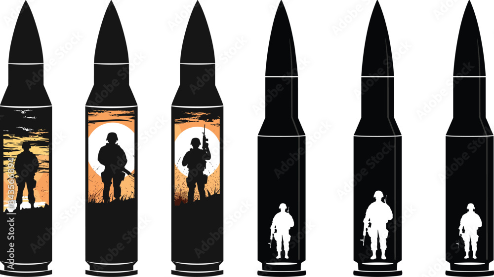Bullet Silhouette Vector set. American soldiers inside bullets, cartoon ...