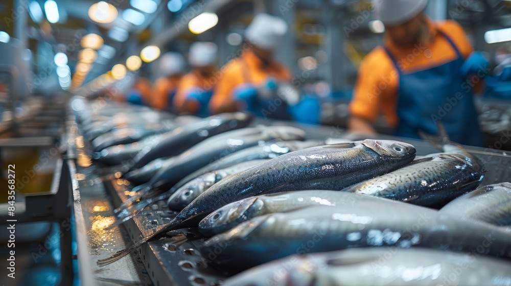 Fresh fish, straight from the sea, are transported on a conveyor belt ...